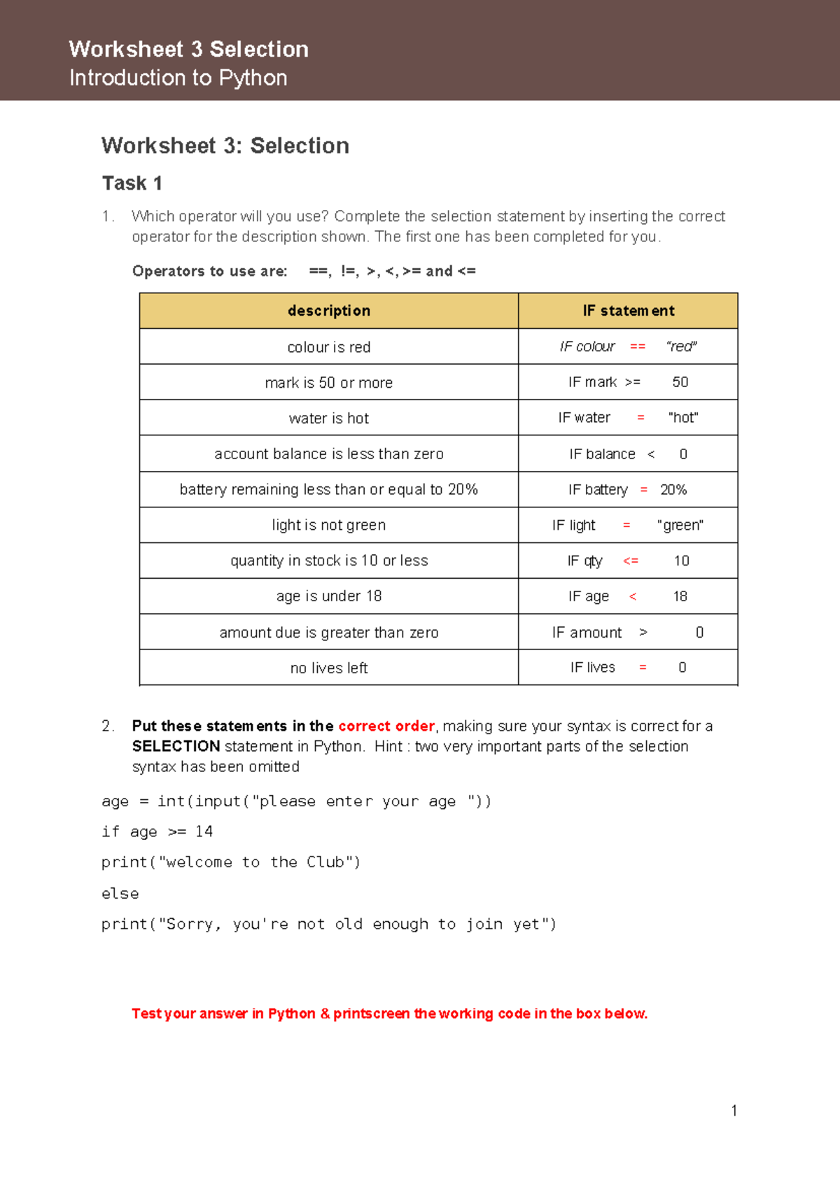 Worksheet 3: Python Selection Task and Flowchart Guide - Studocu