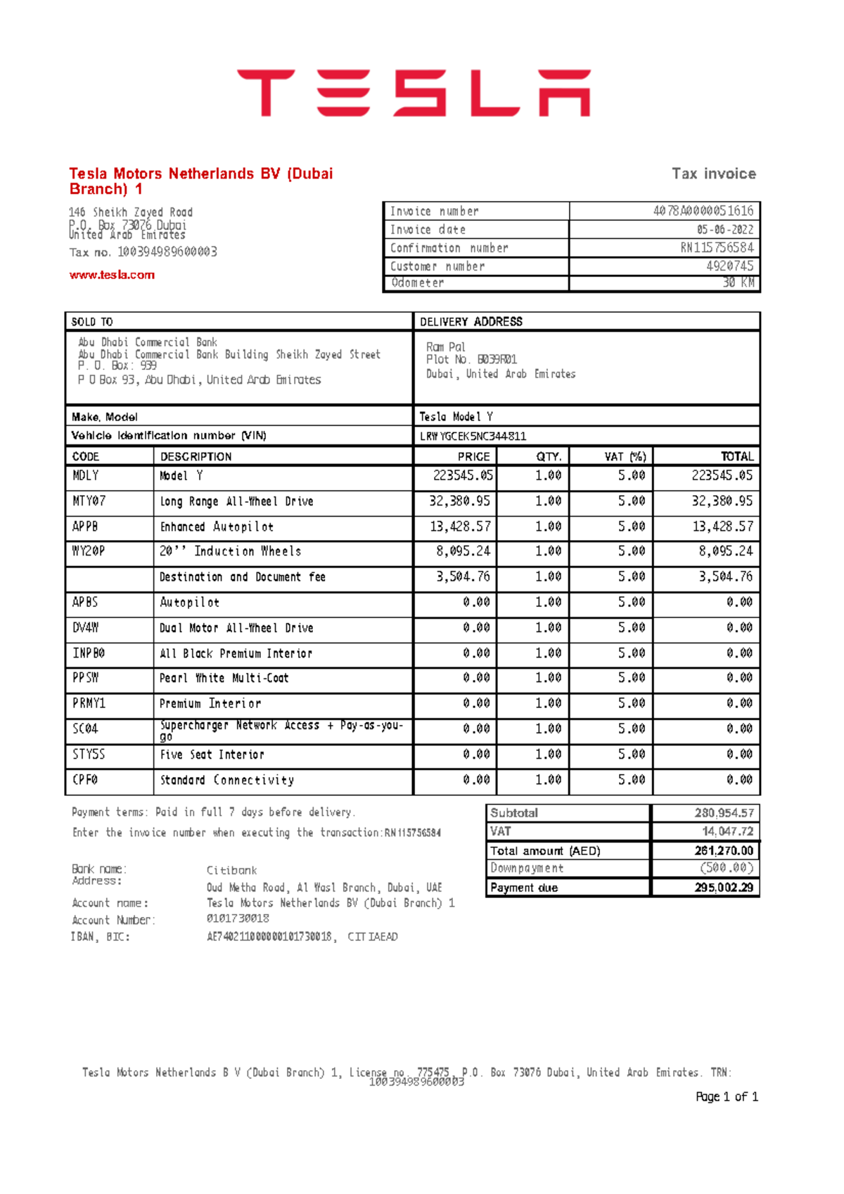 Tesla Model Y Invoice - Abu Dhabi Commercial Bank (Invoice No. 4078A ...