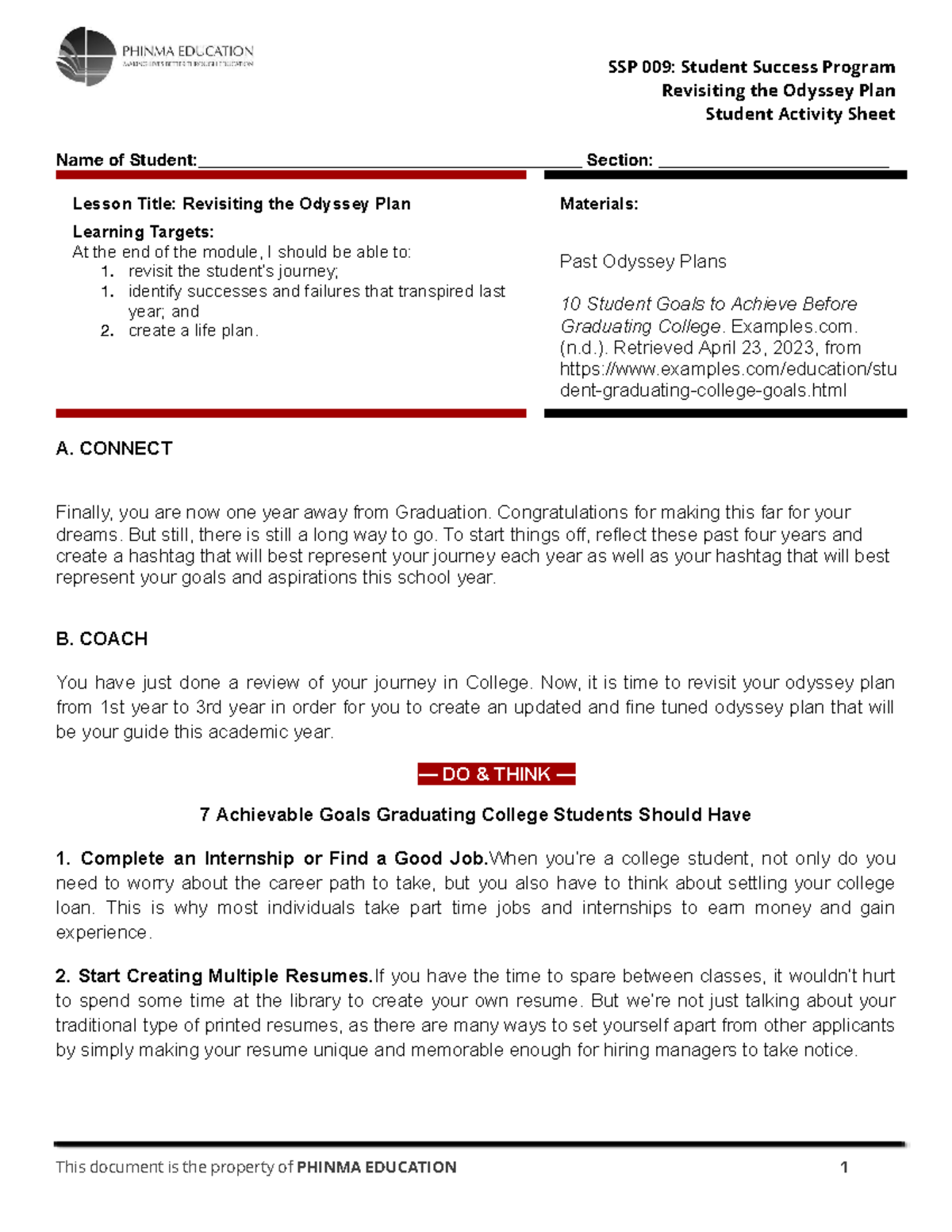 SSP 009 Lesson: Revisiting the Odyssey Plan for Student Success - Studocu