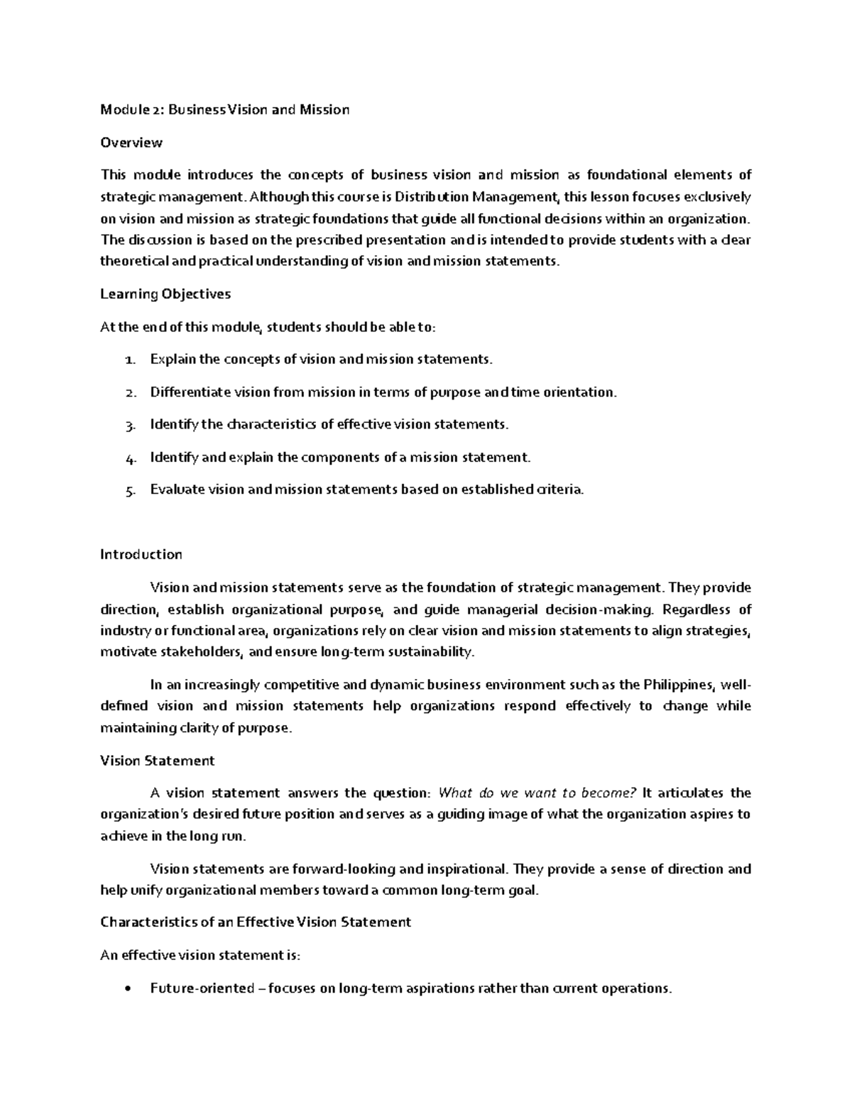 Module 2: Overview of Business Vision and Mission Statements - Studocu