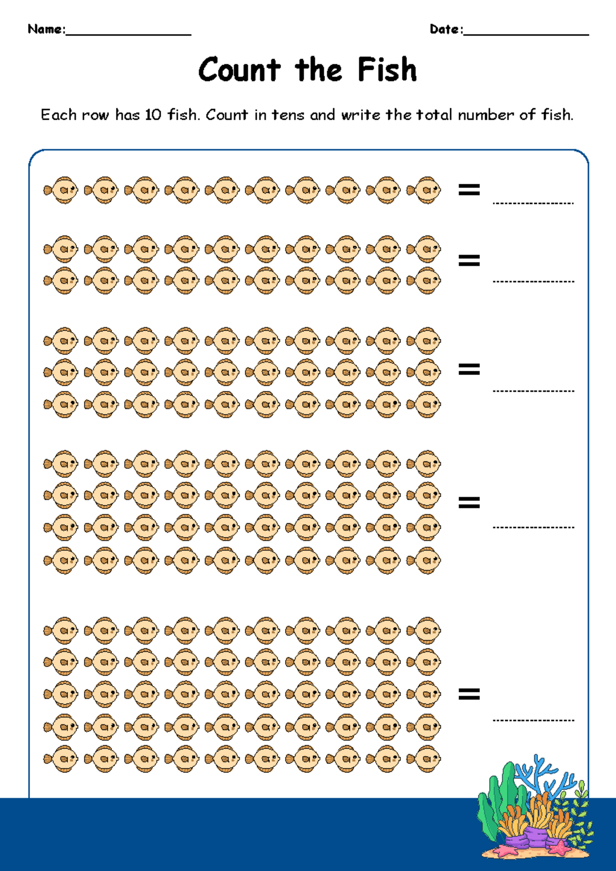 Counting Fish by Tens - Kindergarten Worksheet - Name:Each row has 10 ...