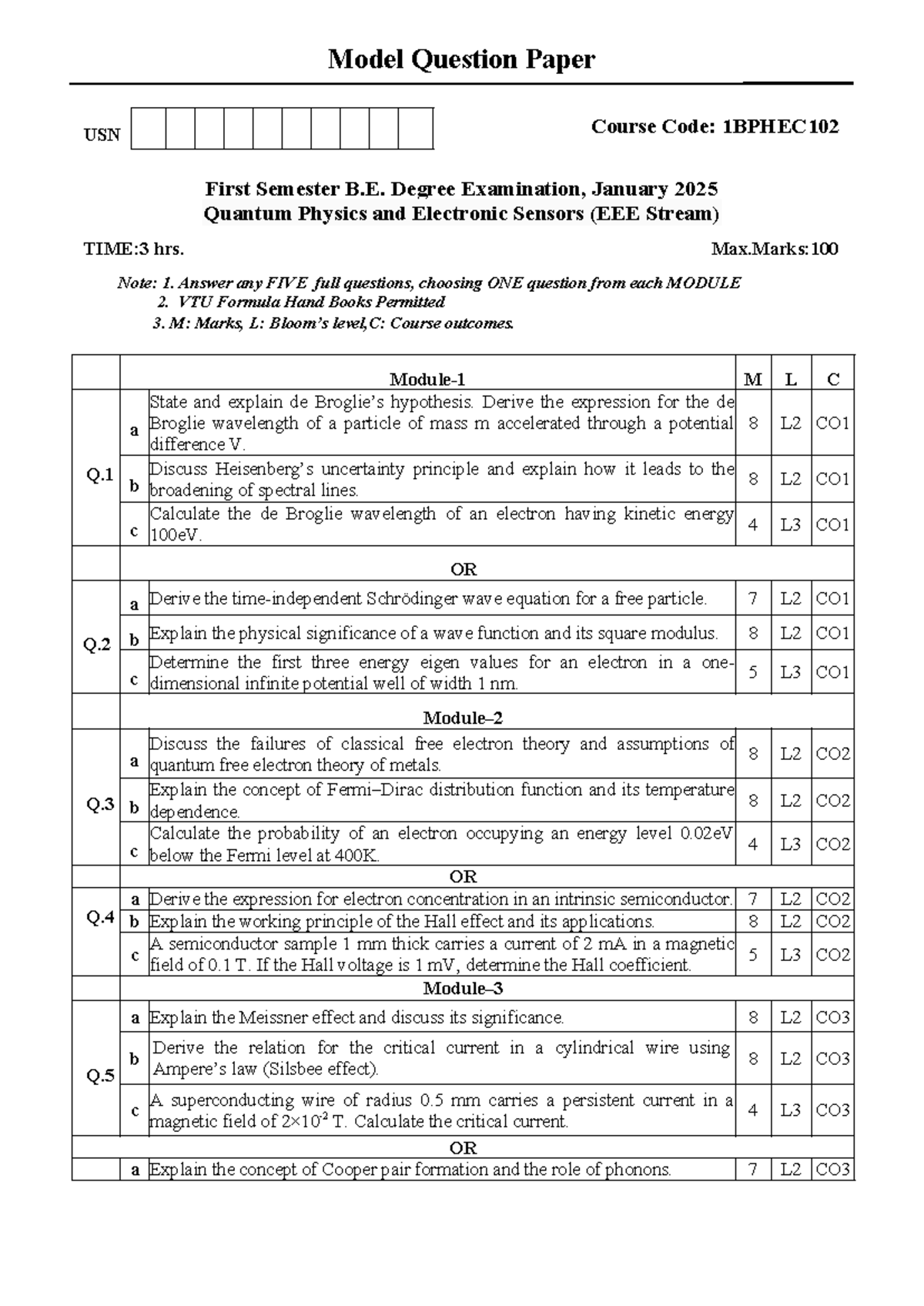 Model Question Paper: 1BPHEC102 Quantum Physics & Electronic Sensors ...