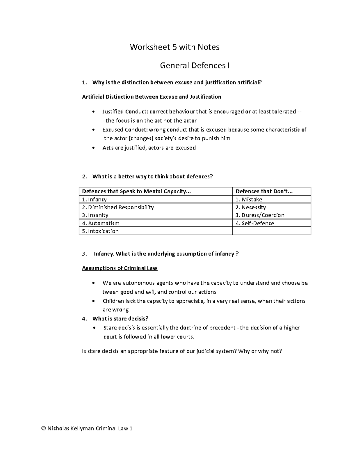 Worksheet 5: Criminal Law General Defenses Overview - Studocu