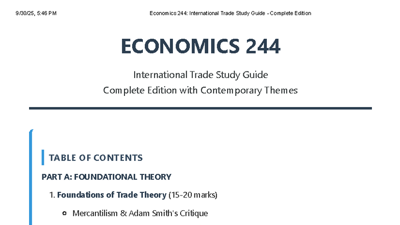 Economics 244: Comprehensive Study Guide on International Trade Themes ...