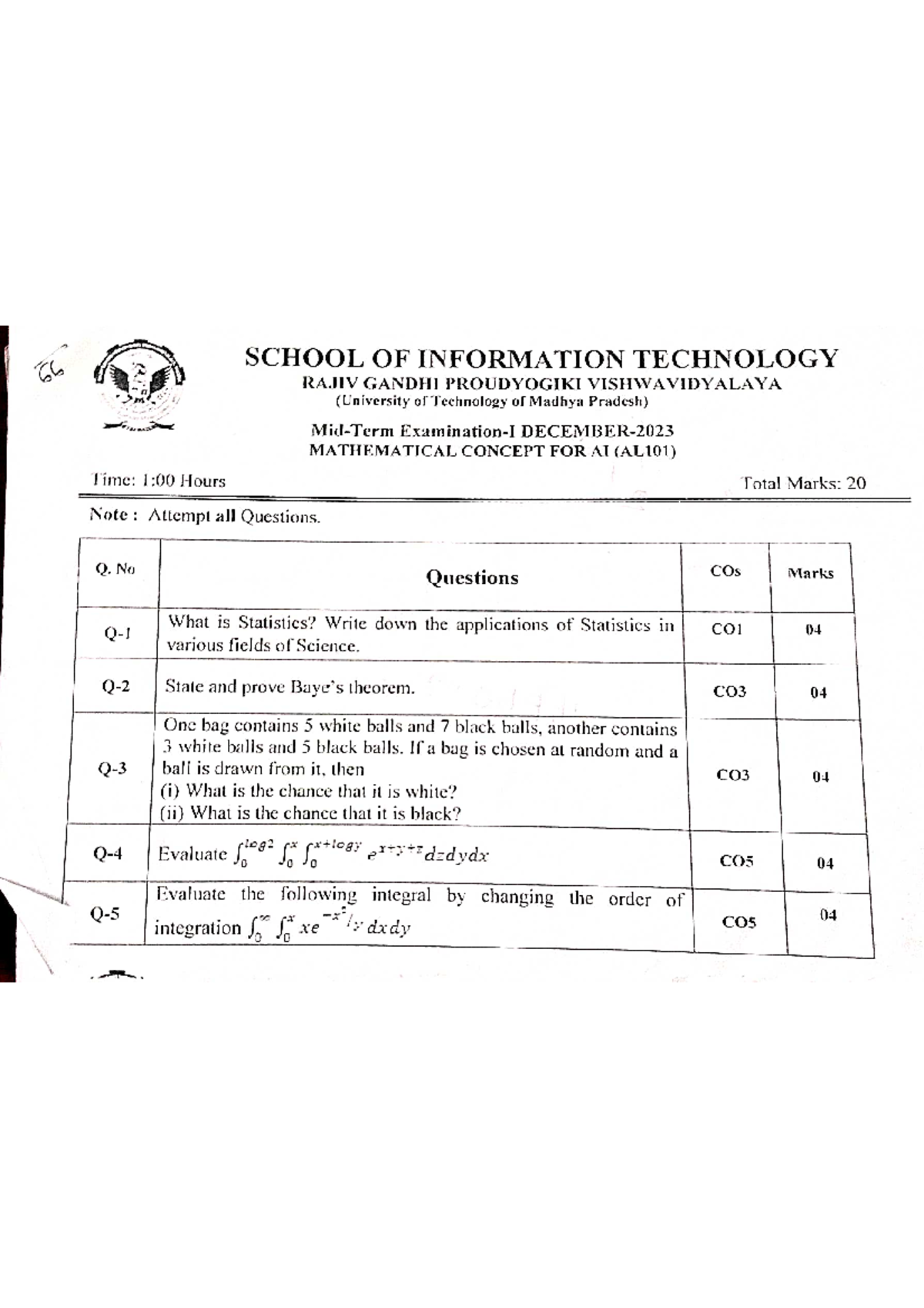 Sem 1 AL101 AIML Mathematics Exam Questions & Solutions - Studocu