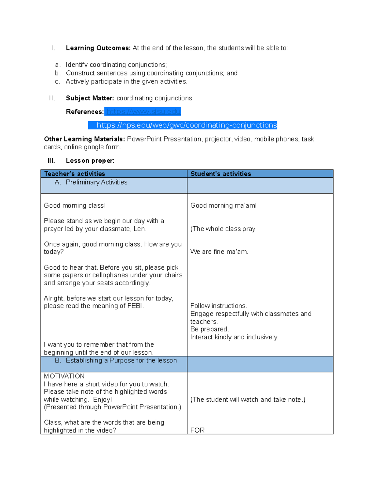 TTL2 LP - Coordinating Conjunctions Lesson Plan & Activities - Studocu
