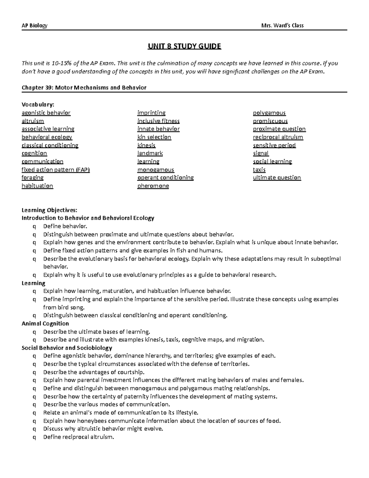 AP Mrs. Class Unit 8 Study Guide: Behavior, Ecology & Ecosystems - Studocu