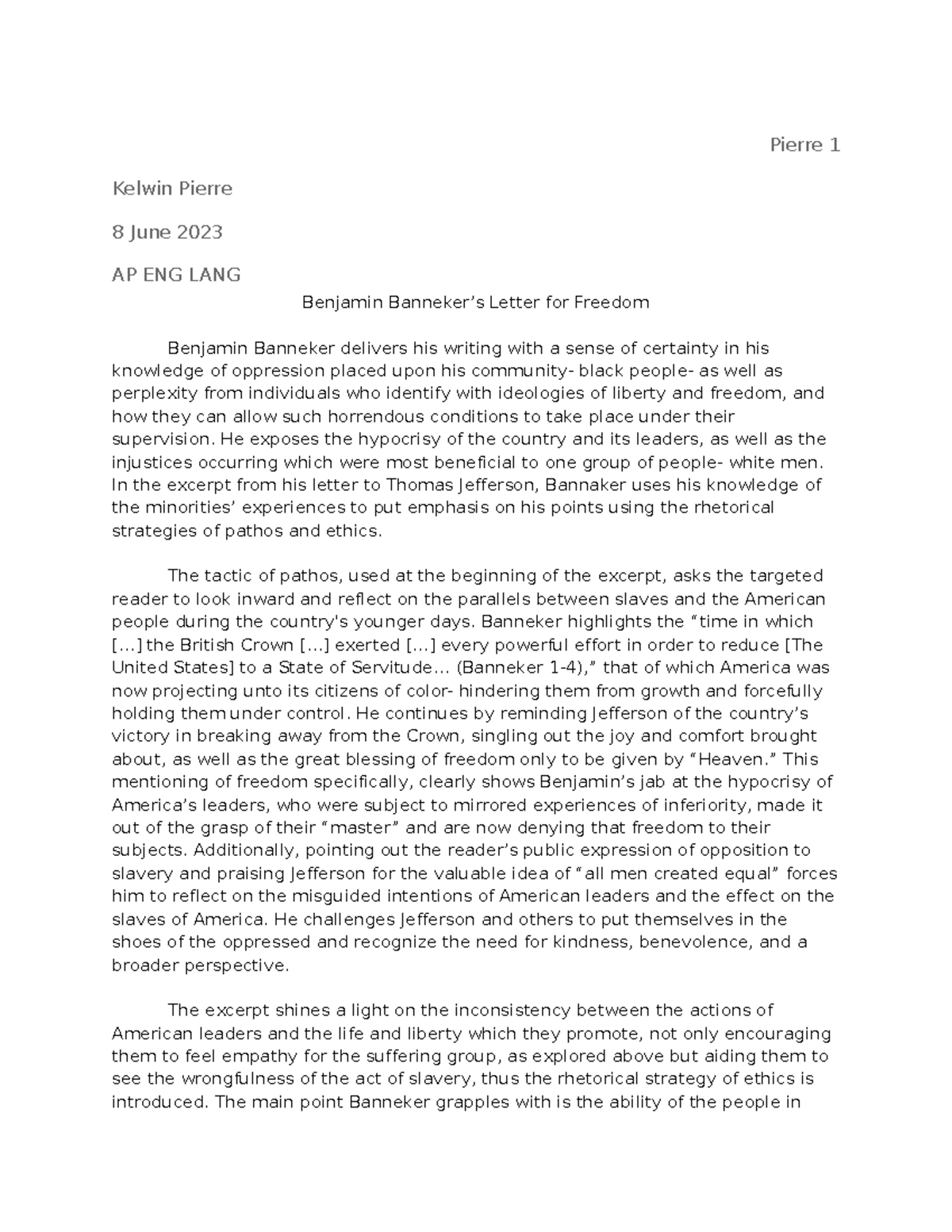 AP ENG LANG #6 Q2 Essay: Analyzing Banneker's Letter on Freedom - Studocu