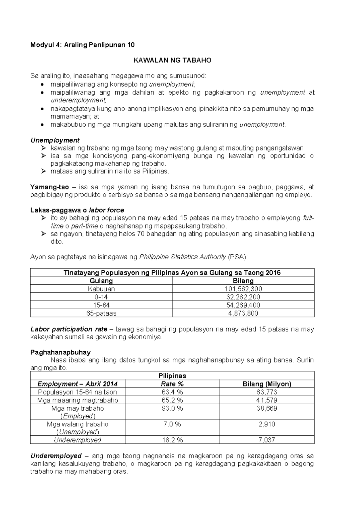 Kawalan ng Trabaho sa Pilipinas: Modyul 4 (Araling Panlipunan 10) - Studocu