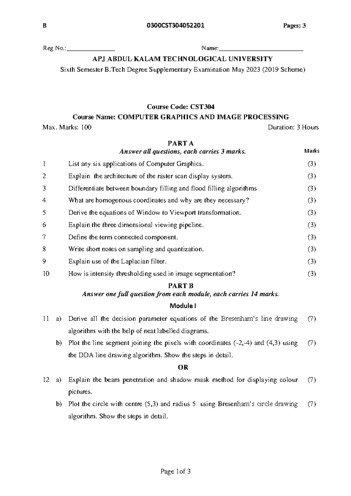 CST304 May 2023 B.Tech Supplementary Exam: Computer Graphics QP - Studocu