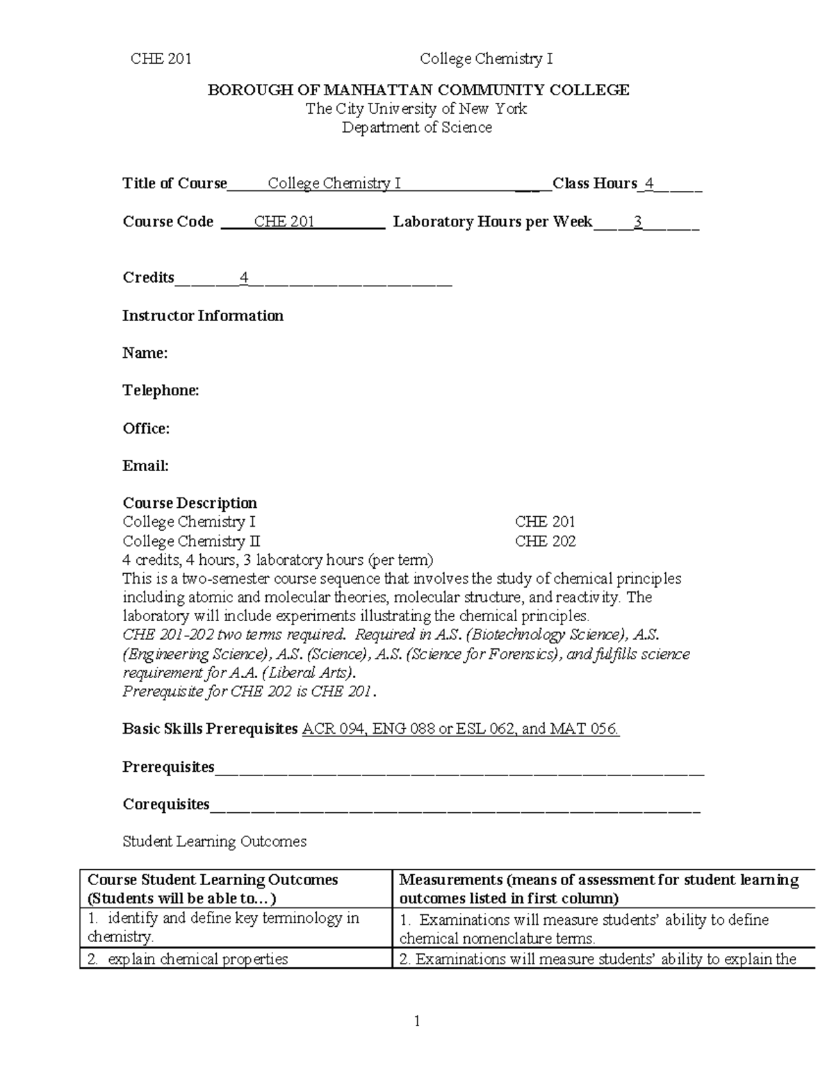 CHE 201 College Chemistry I Syllabus and Course Overview - Studocu