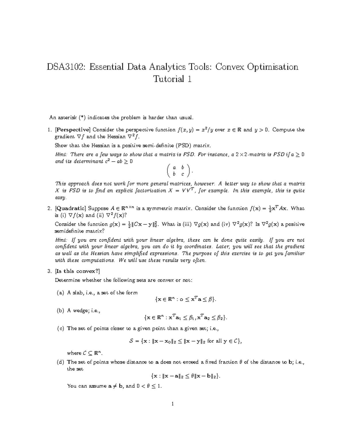 DSA3102: Convex Optimisation Tutorial 1 - Data Analytics Tools - Studocu