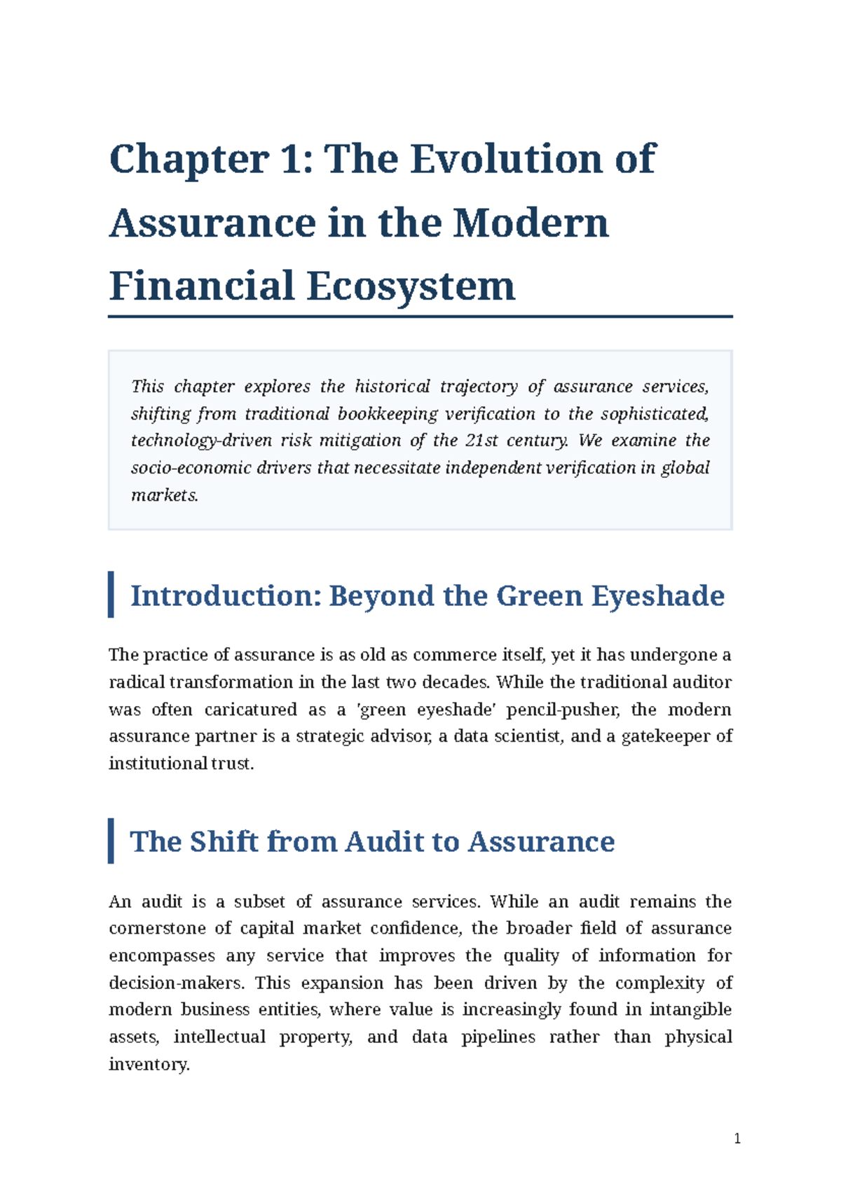 Chapter 1: Evolution of Assurance in Modern Finance - Studocu