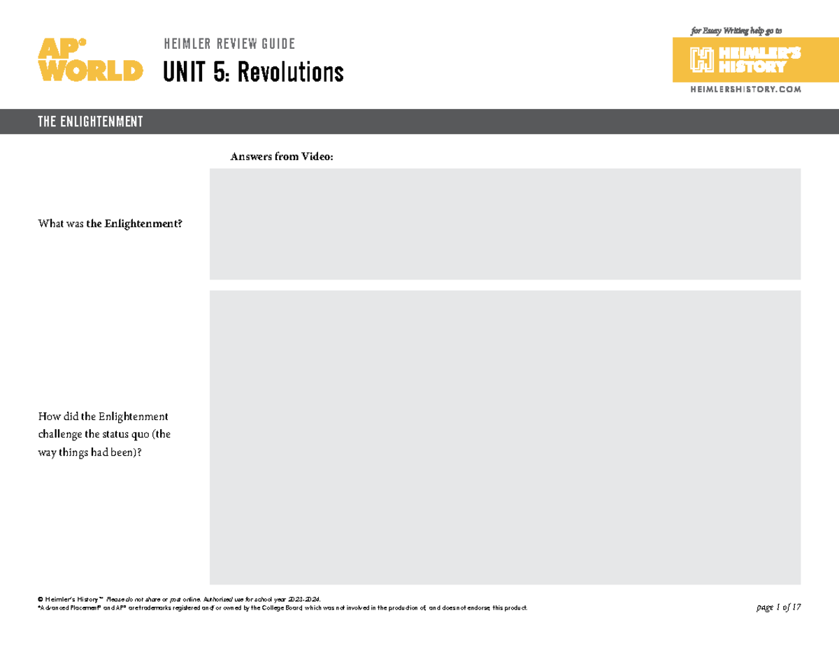 AP World HRG Unit 5: Revolutions Noteguide for Enlightenment ...