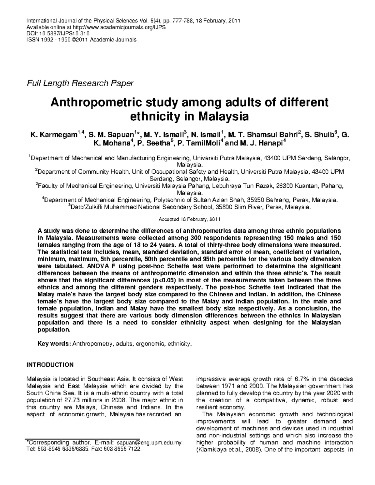 Anthropometric Study of Malaysian Adults by Ethnicity: Insights and ...