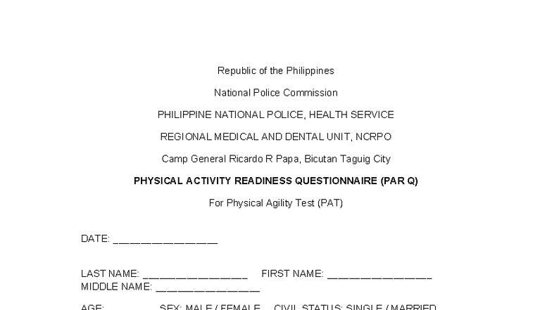 PNP PAT Form: Physical Activity Readiness Questionnaire (PARQ) - Studocu