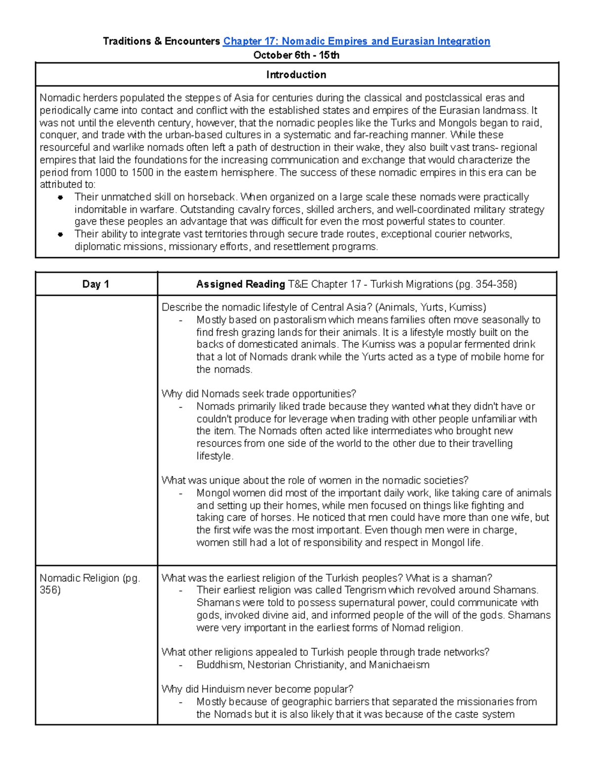 APW - Chapter 17 Reading Guide: Nomadic Empires & Eurasian Integration ...