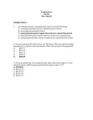 Intro to Finance Problem Set 1 - Problem Set 1 Fin 251 Due: Sept 18 ...