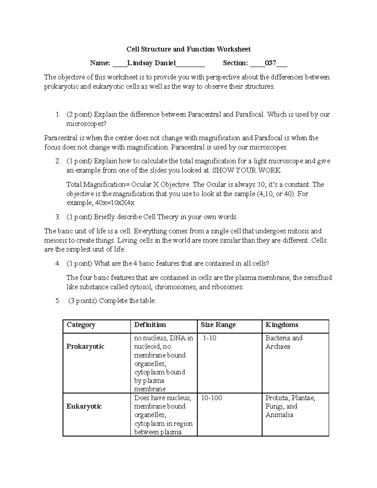 Cell Structure & Function Worksheet ACweek 5 - Week 5 Analysis - Studocu