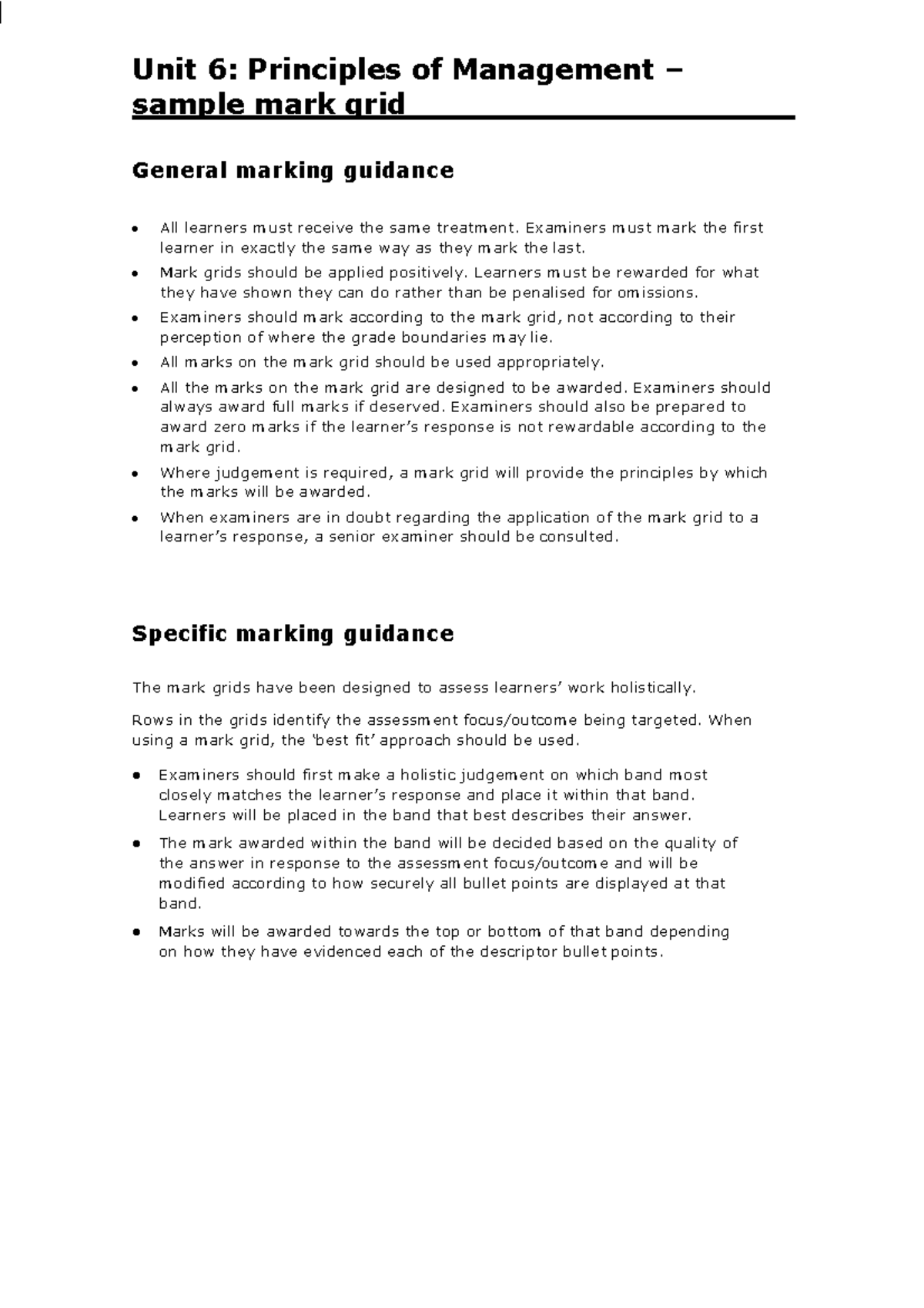 Marking Grid for 31588H Jan 2020 Principles of Management Exam - Studocu