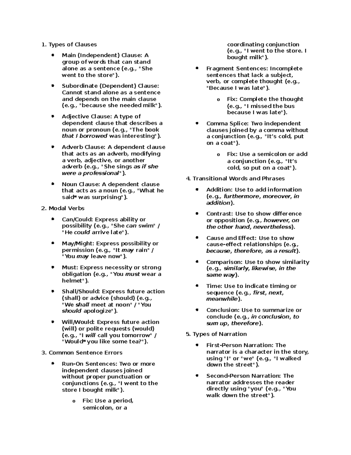 ENG 101 - Lecture Notes on Clauses, Modal Verbs, and Sentence Errors ...