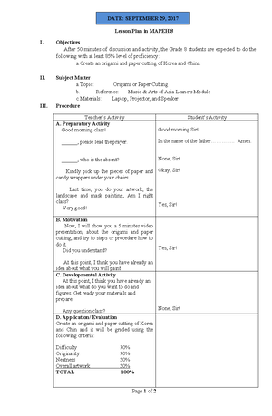 Mapeh dll - A Detailed Lesson Plan in MAPEH 8 Grade 8 Detailed Lesson ...