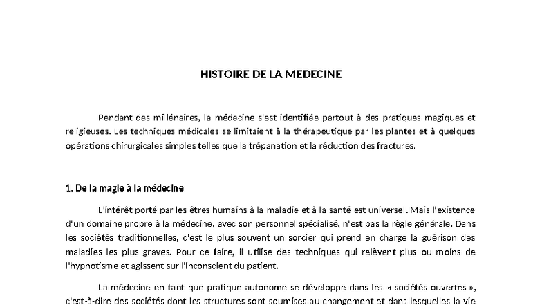 HISTOIRE DE LA MEDECINE : Évolution des Pratiques Médicales - Studocu