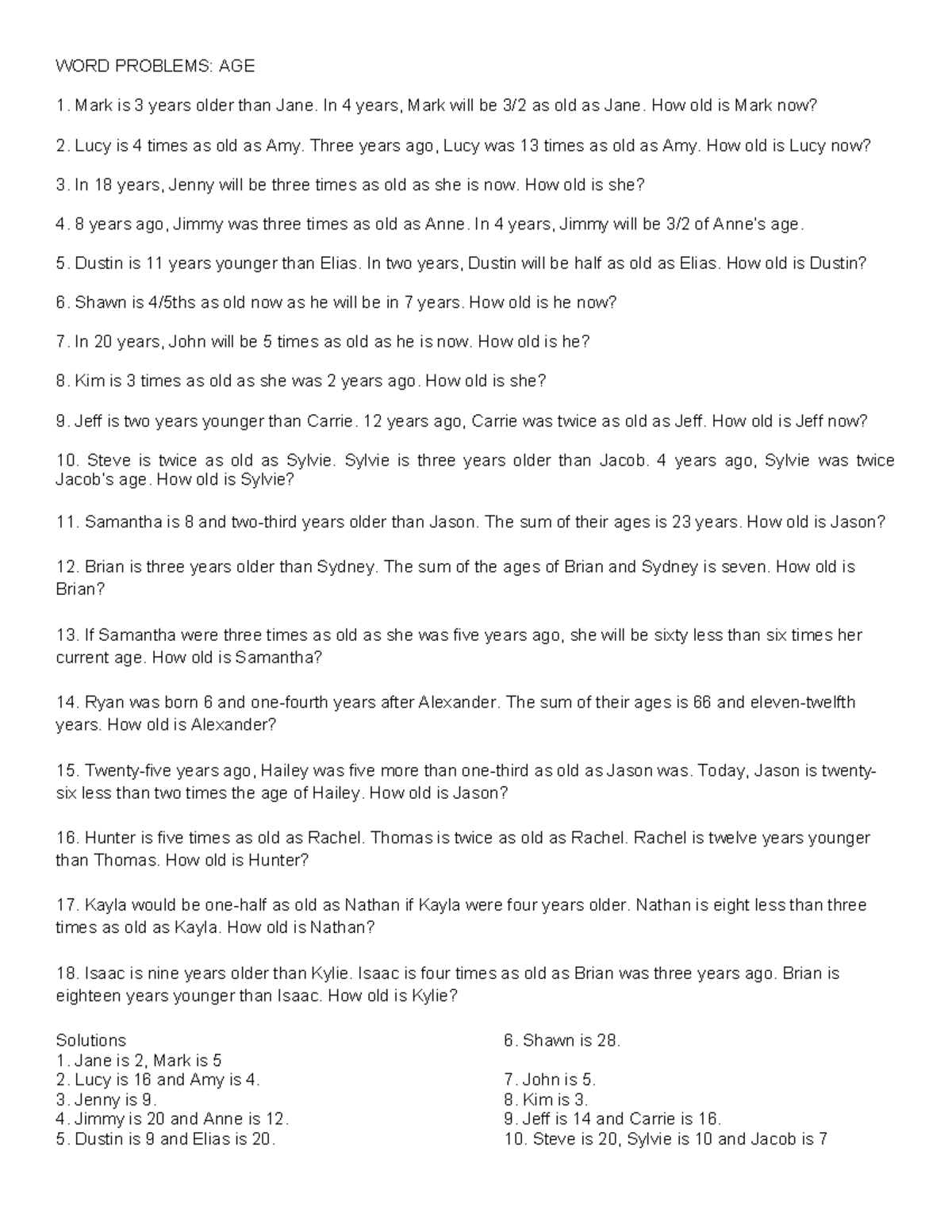 WORD PROBLEMS: AGE, COIN, DISTANCE, INVESTMENT, NUMBER, WORK, RATIO ...