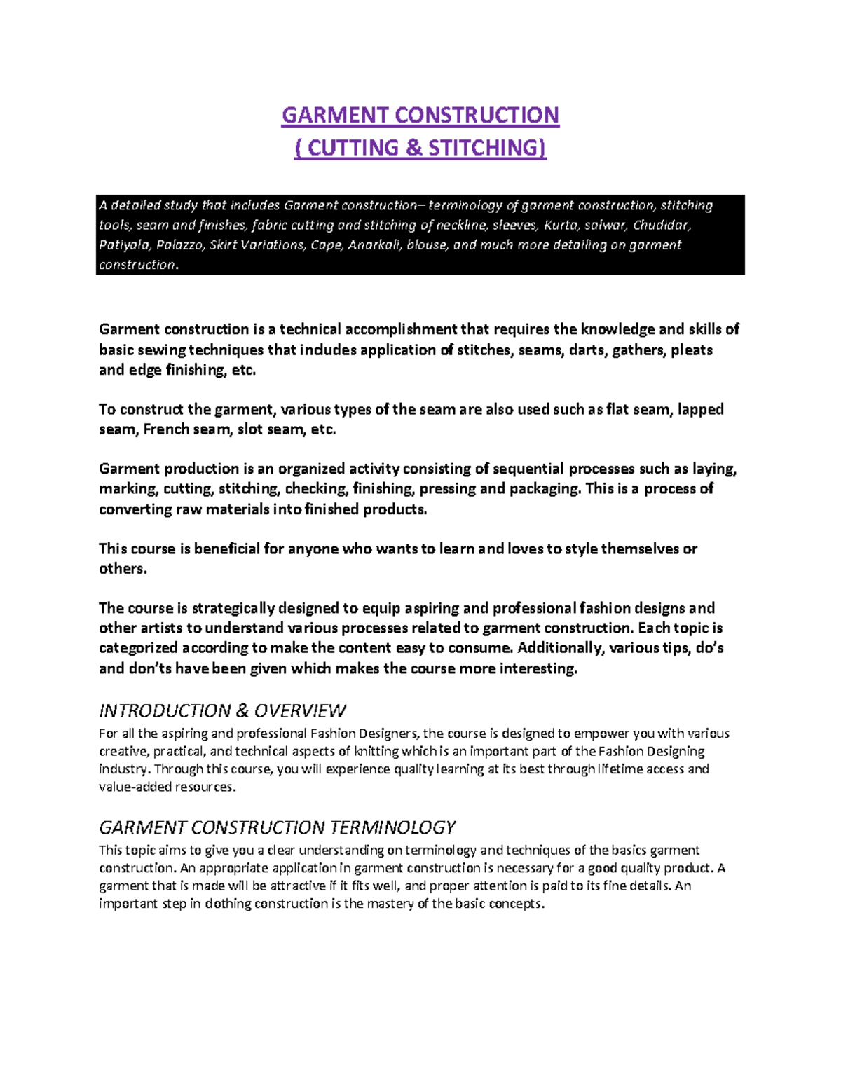 Garment Construction Techniques: Cutting & Stitching Essentials - Studocu