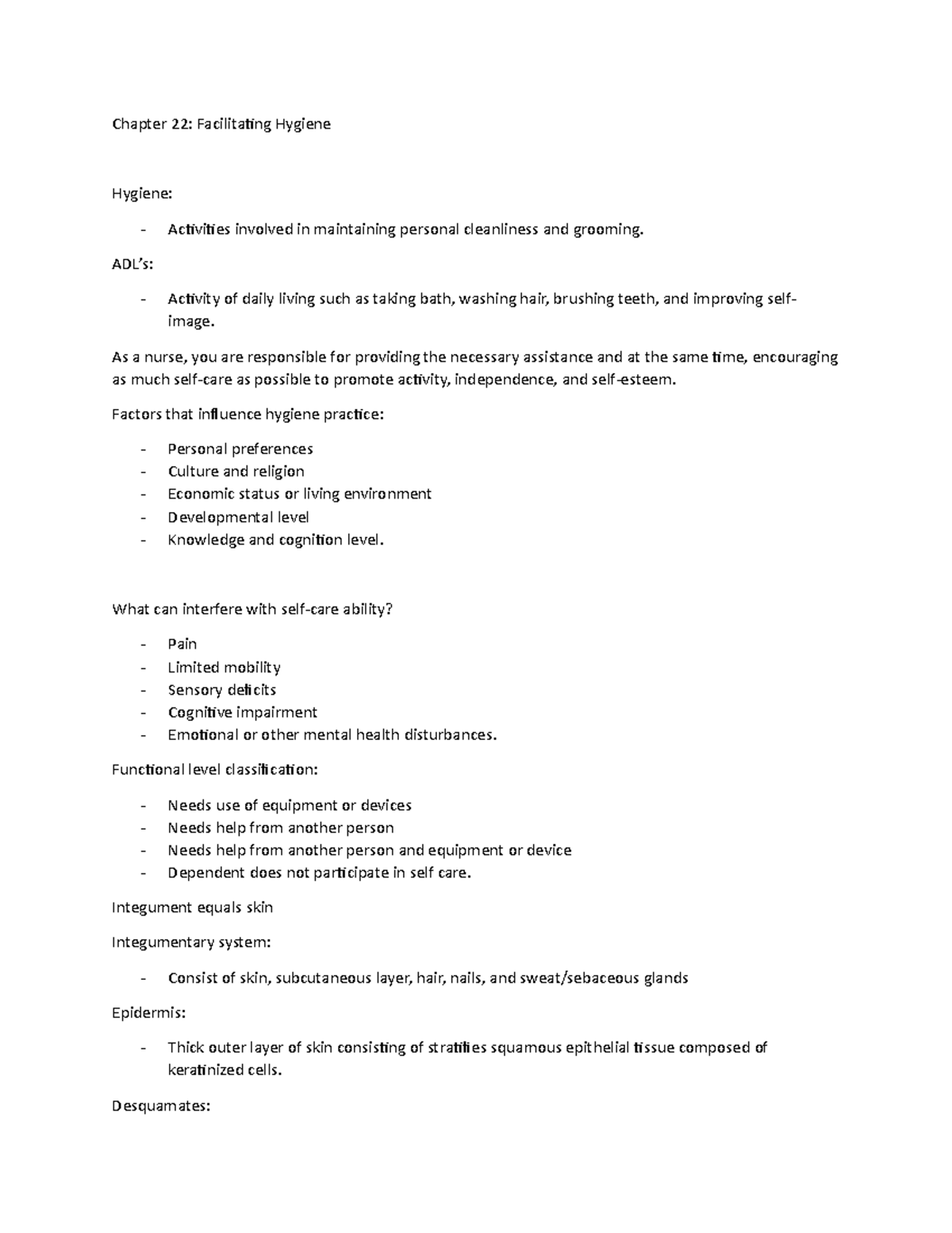 Chapter 22: Final Prep Notes on Hygiene Care - Level 1 Unit 1 - Studocu