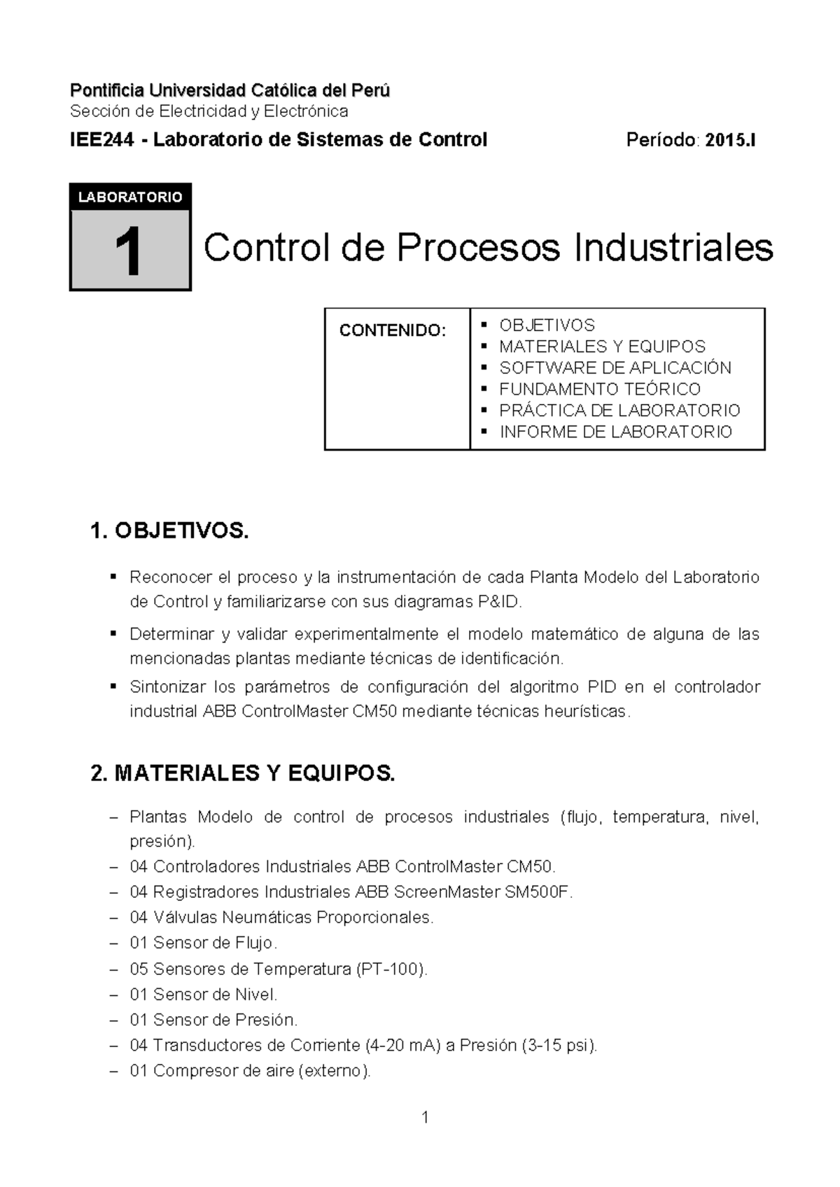 IEE244 Laboratorio 1: Control de Procesos Industriales - Guía 2015.I ...