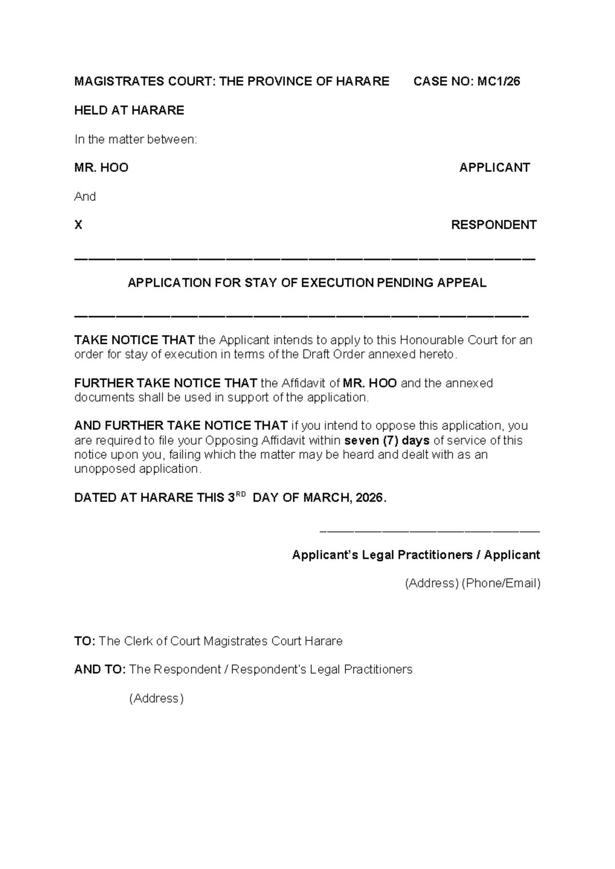 Application for Stay of Execution: Mr. Hoo v. X (Case No: Harare) - Studocu