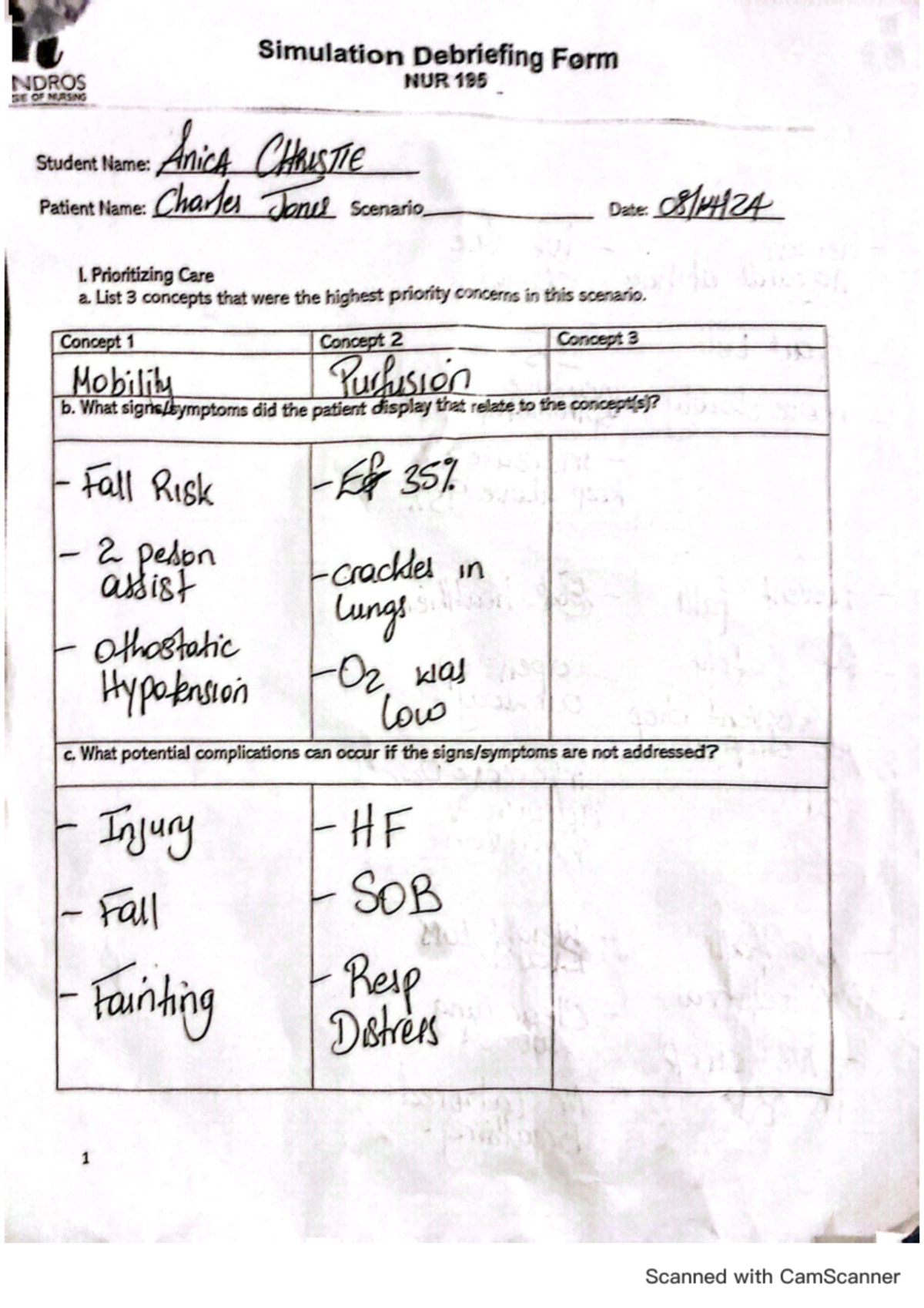 Simulation Debriefing Form - Prioritizing Care a. List 3 concepts that ...