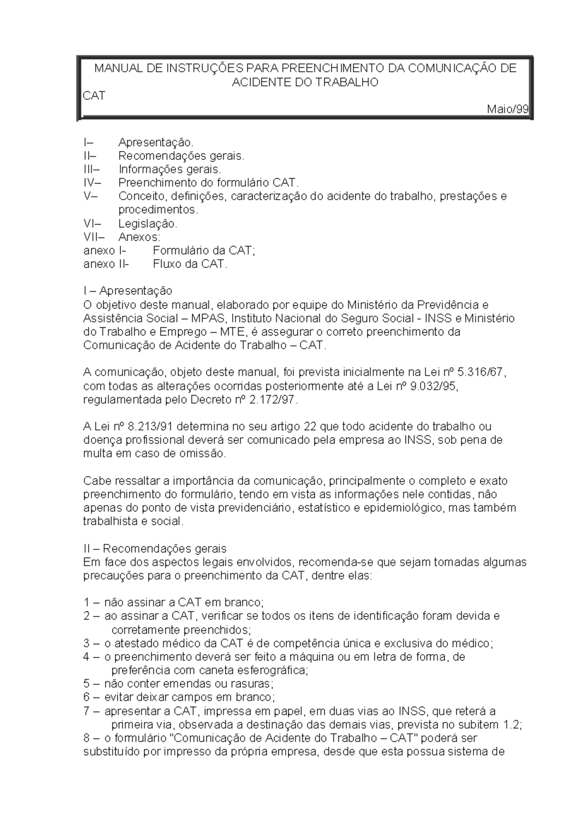 CAT - Manual para Preenchimento da Comunicação de Acidente do Trabalho ...