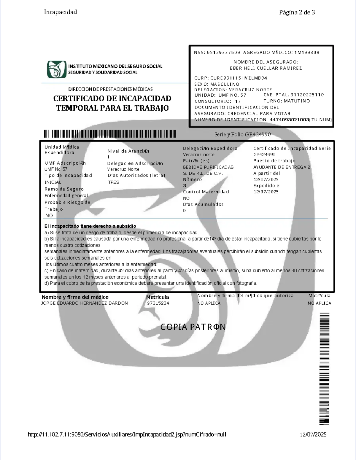 Certificado de Incapacidad Temporal - IMSS CURE - Studocu