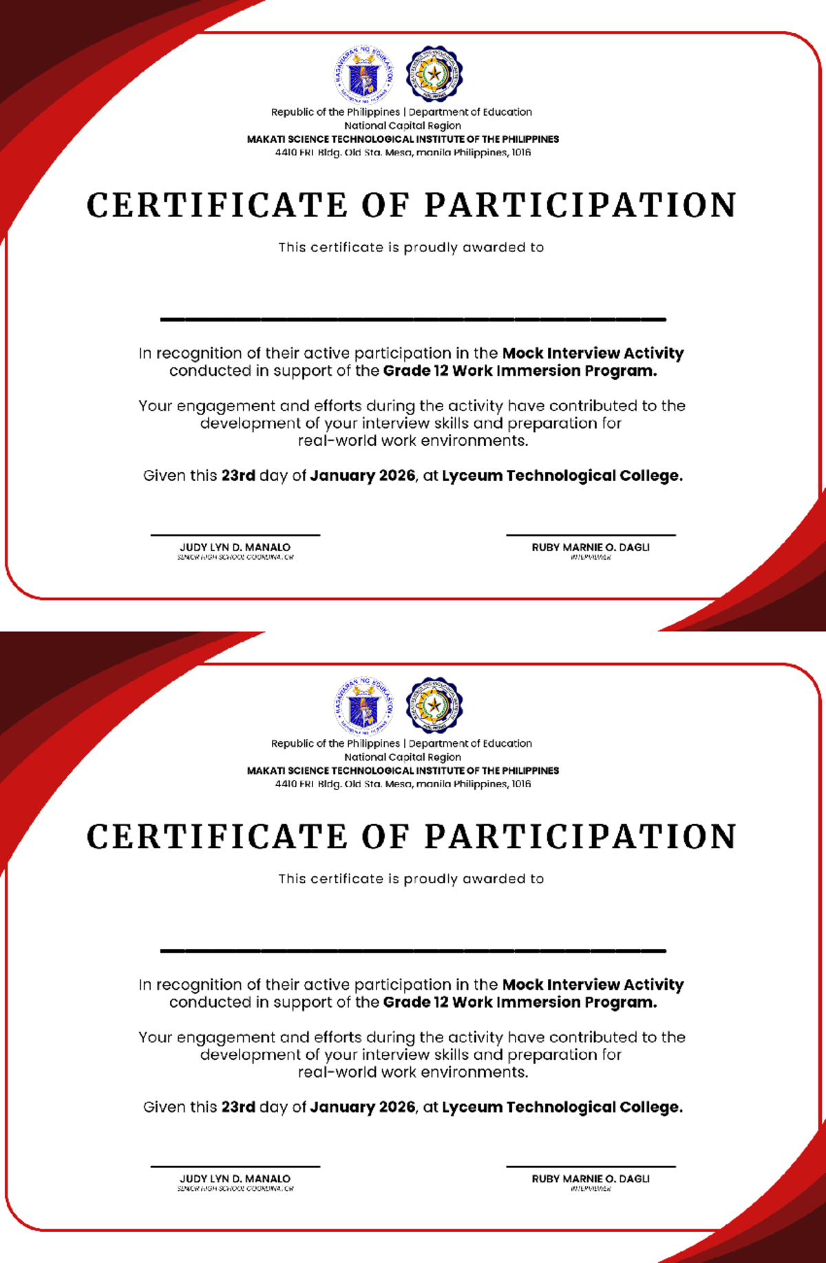 Grade 12 Work Immersion Mock Interview Participation Certificate - Studocu