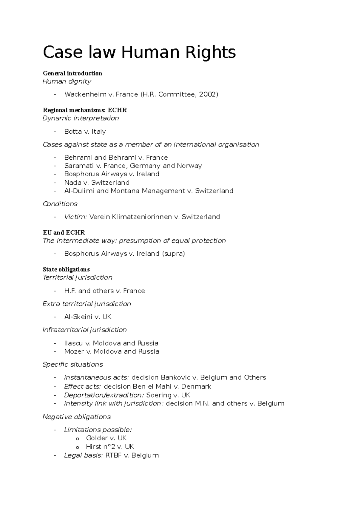 Case Law on Human Rights: Key Cases and Principles Overview - Studocu