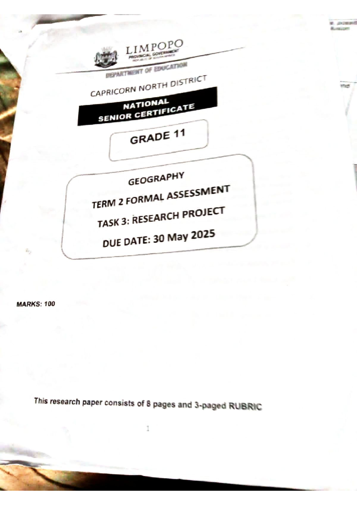 LIMPOPO GRADE 11 GEOGRAPHY TERM 2 RESEARCH PROJECT ASSESSMENT - Studocu