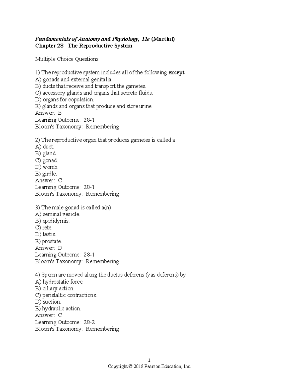 Anatomy & Physiology 11e (Martini) Chapter 28: Reproductive System MCQs ...
