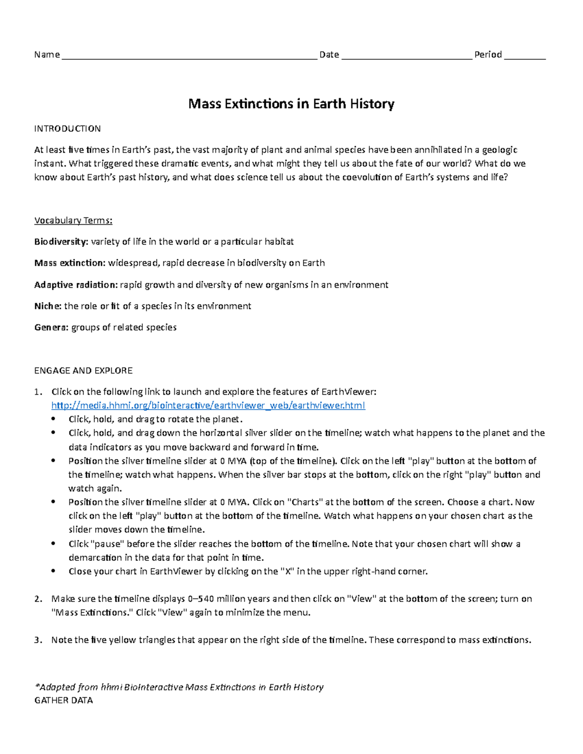 Mass Extinction in Earth History HHMI Activity (c) - Name - Studocu