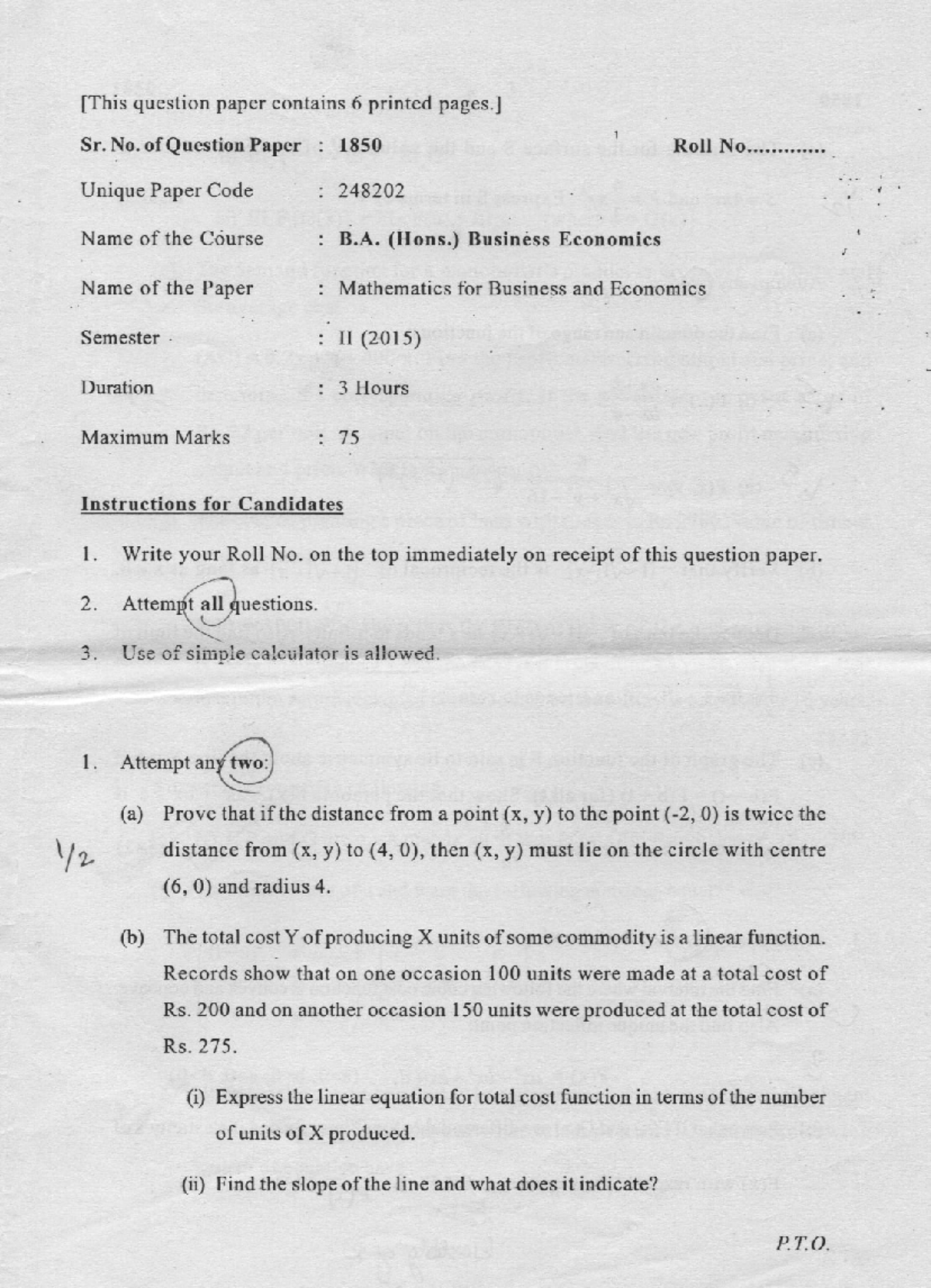 Mathematics for Business and Economics (B. Hons) - Sem II (2015) Exam ...