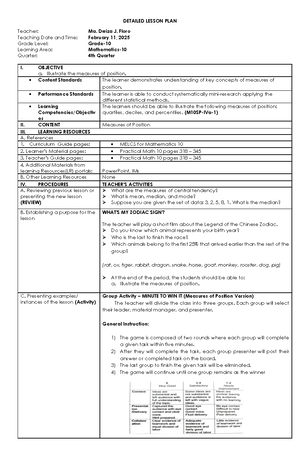 LP 2 12 25 Wednesday Final: Detailed Lesson Plan on Quartiles - Studocu