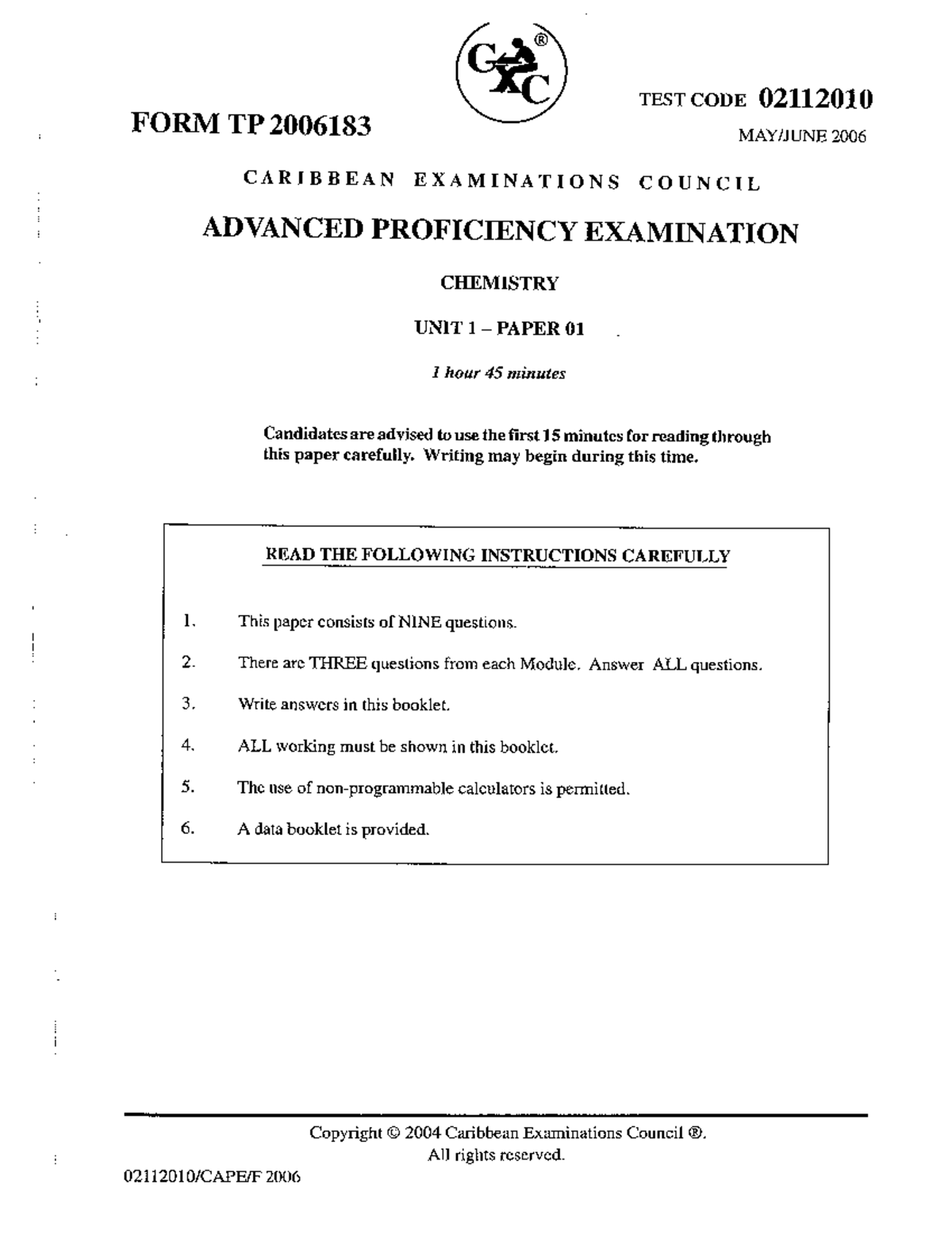 CAPE Chemistry 2006 Unit 1 Paper 1 Exam Questions - Studocu