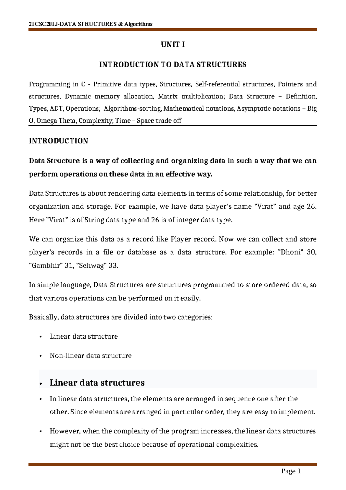 Data Structures and Algorithms (CS101) - Unit I Overview - Studocu