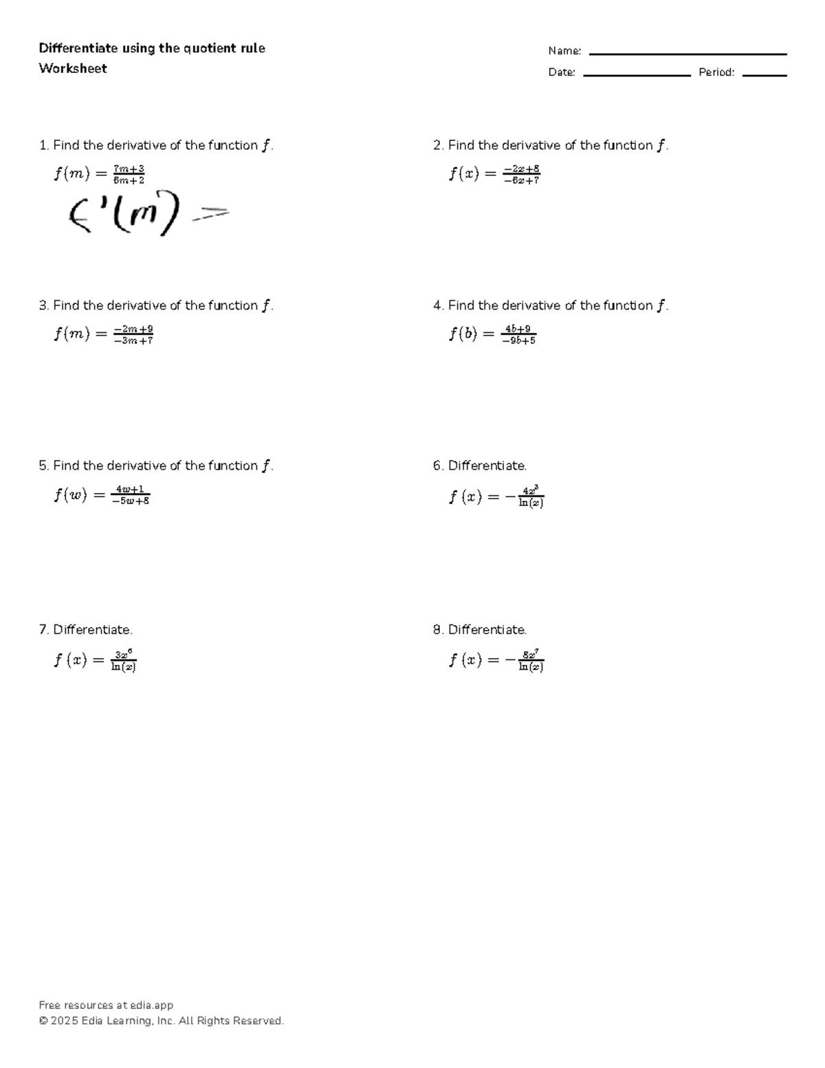 Differentiate Using the Quotient Rule - Worksheet - Studocu