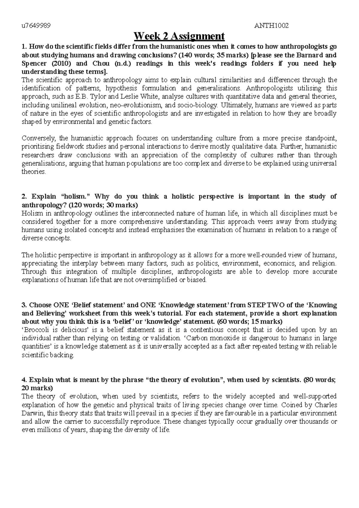 Week 2 Assignment ANTH1002: Scientific vs Humanistic Approaches in ...