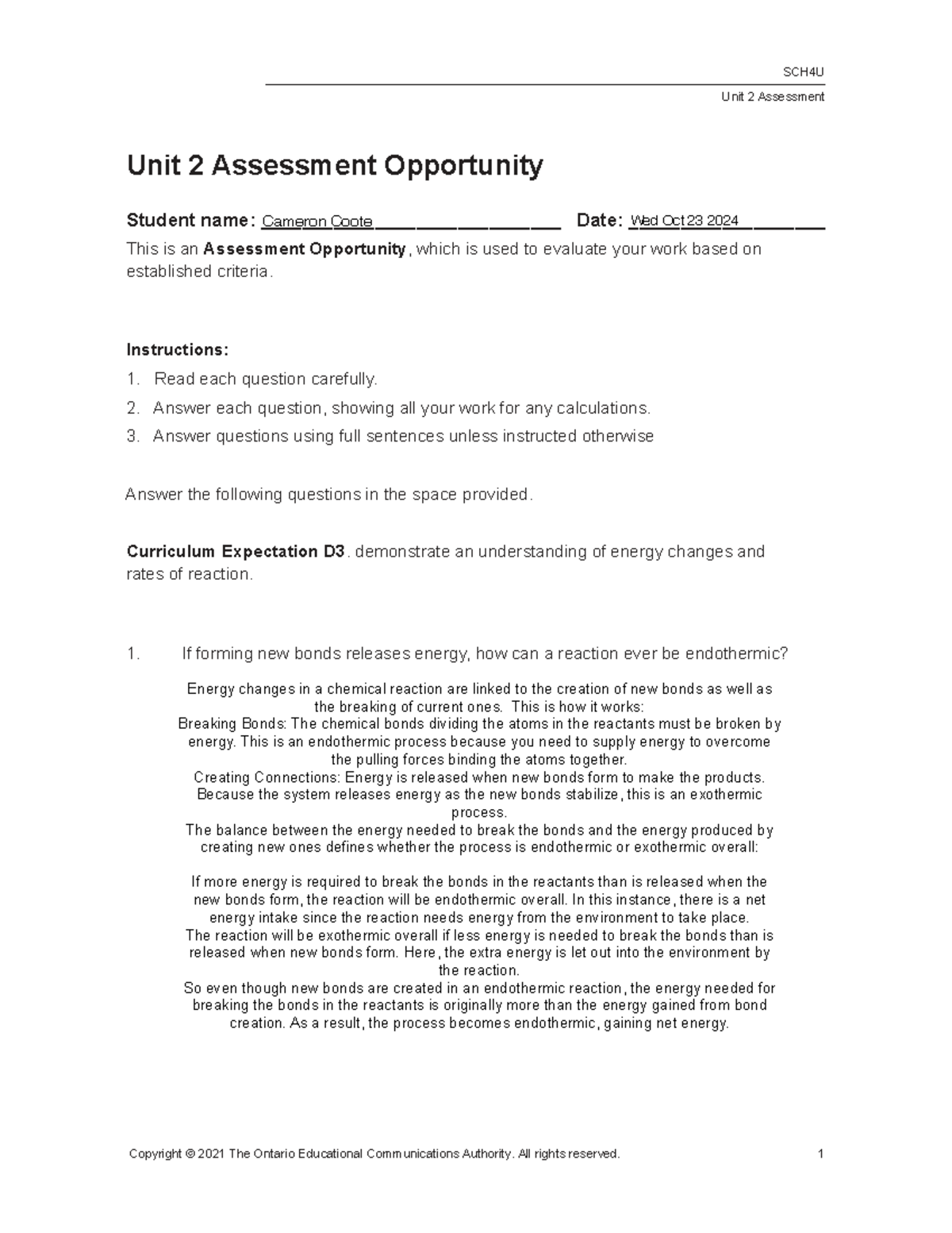 SCH4U Unit 2 Assessment: Energy Changes & Reaction Rates - Studocu