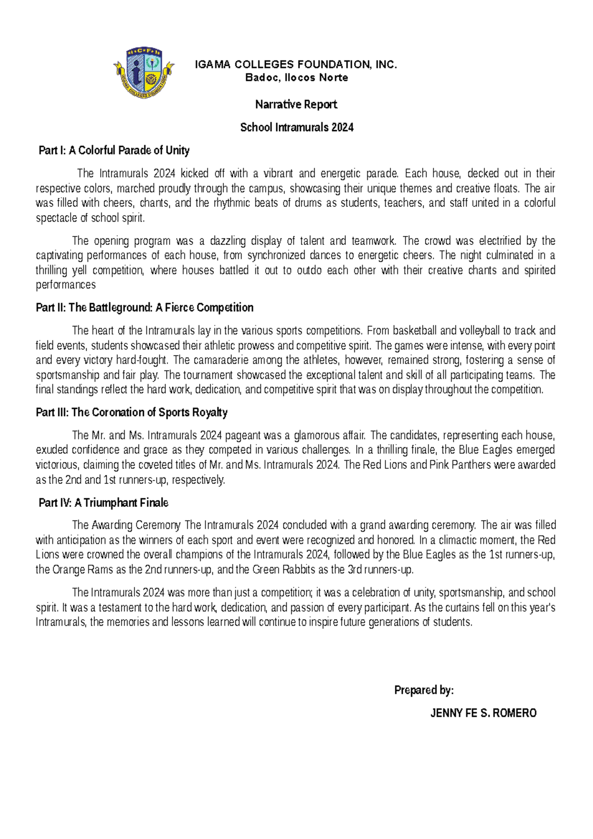 Intramurals 2024 Narrative Report: A Celebration of Unity and ...