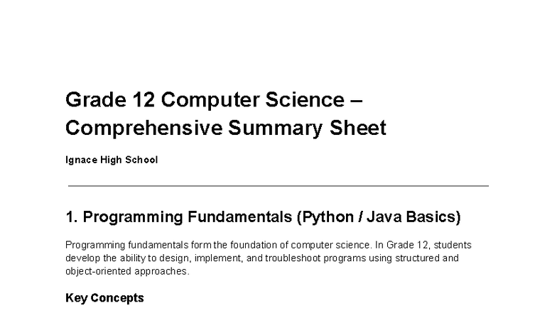 Grade 12 CS Comprehensive Summary Sheet: Programming & Algorithms - Studocu