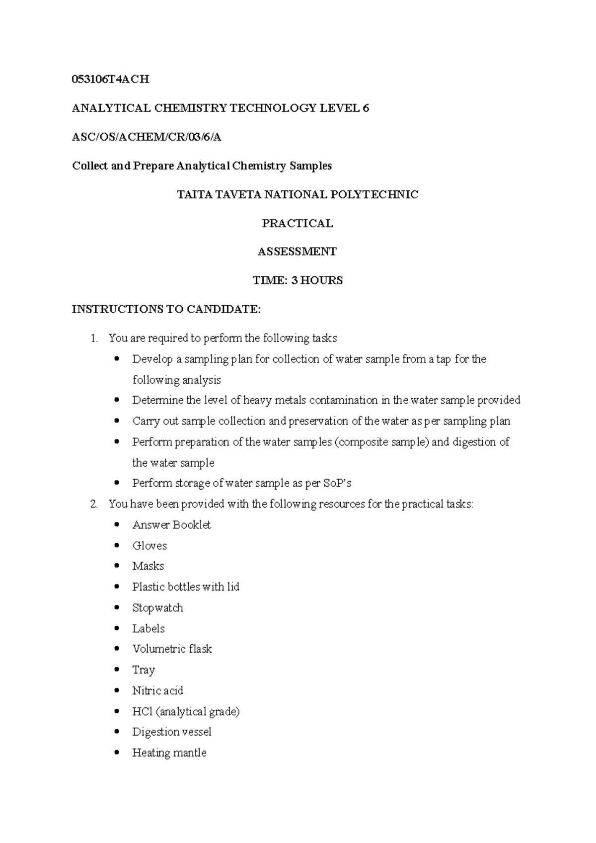 053106T4ACH Analytical Chemistry Sample Practical Assessment - Studocu